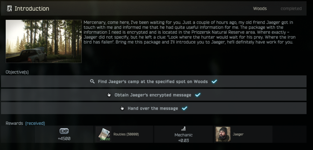 [EFT] メカニック・タスク『Introduction』 イエガーのキャンプを特定せよ！（WOODS） | 犬も歩けばゲームにあたる